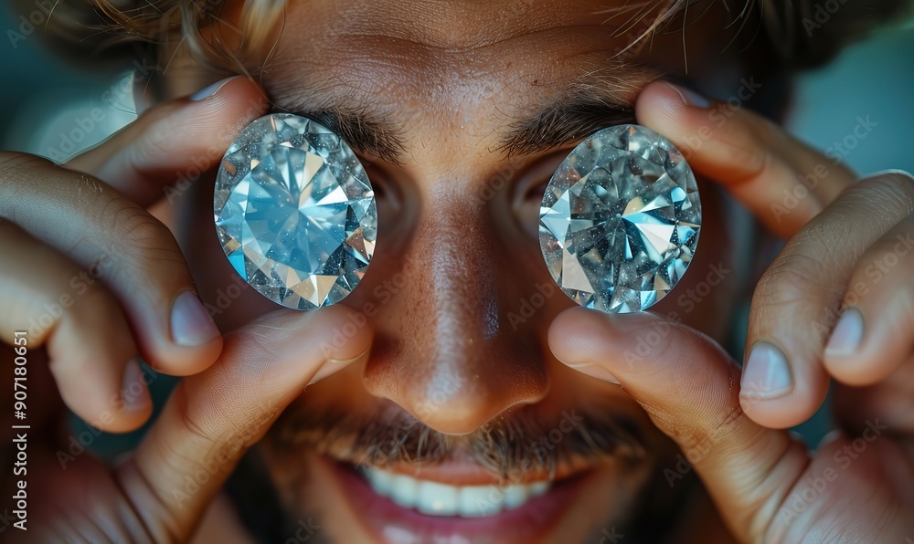 A man joyfully holds two large diamonds in front of his eyes, smiling ...