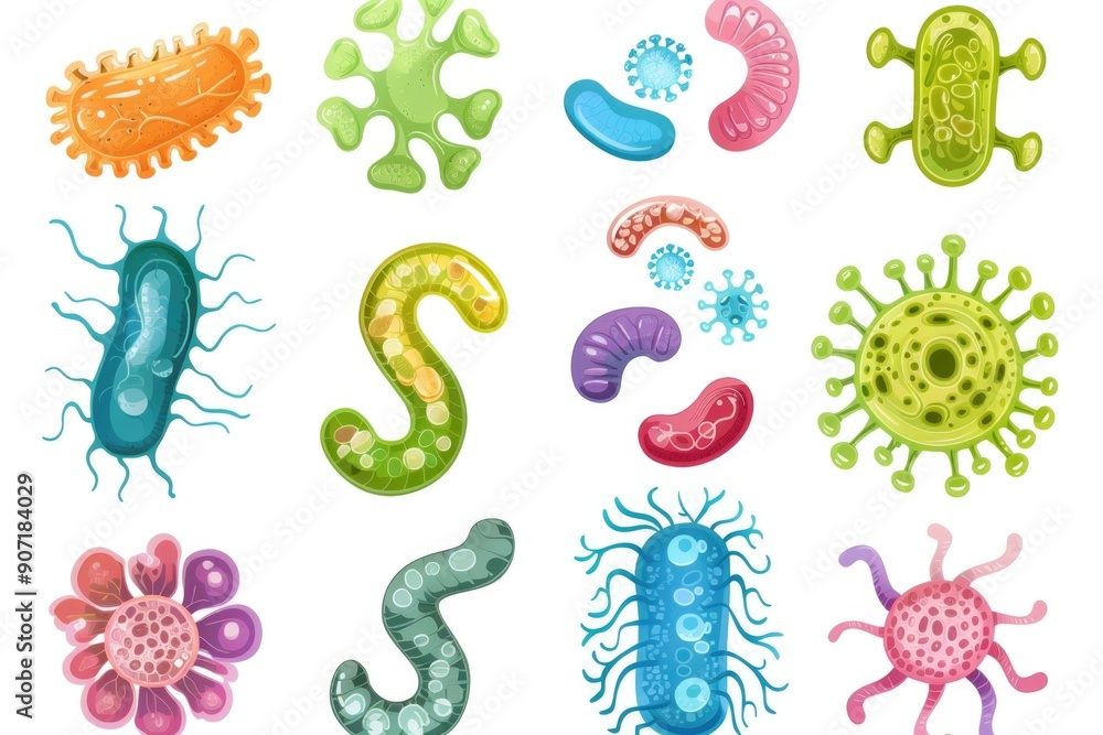 A collection of different types of germs and microorganisms, including ...