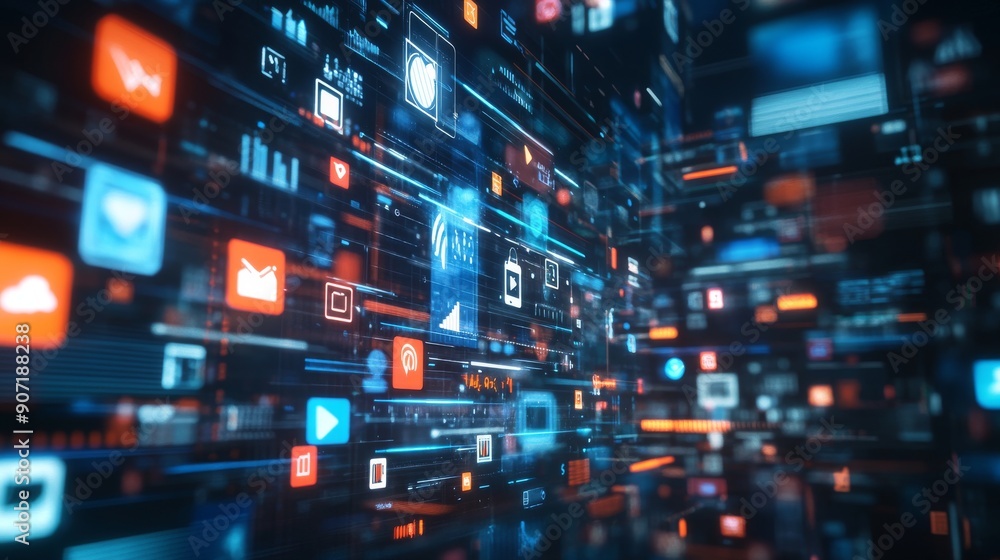 Floating app icons in a 3D space, with a holographic interface in the ...