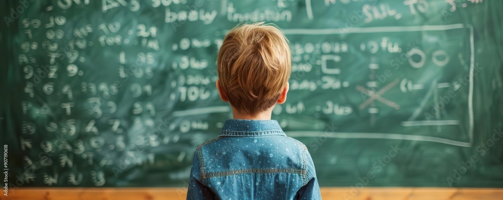 Child studying math at chalkboard, back view. Focused on numbers and ...