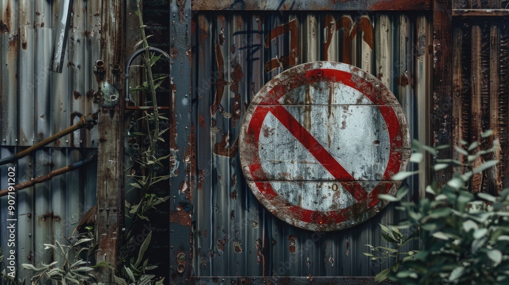 Foto de A rusty metal fence with a clear 'no entry' sign, great for ...