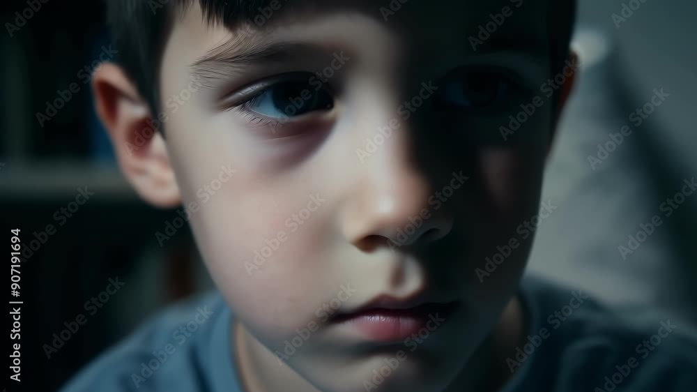 A teenage boy with deep set blue eyes and a serious expression lost in ...