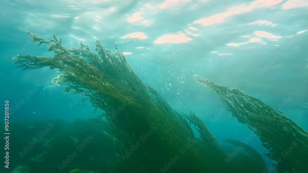 Close-up shot: Seaweed drifts in teal waters. Soft focus blurs coral ...