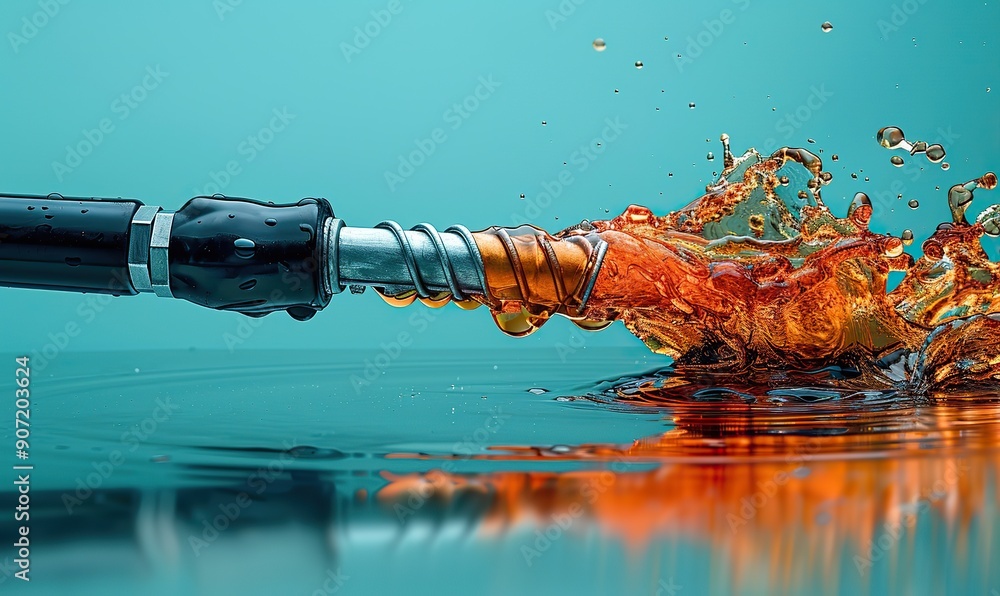 A gas pump nozzle spills black oil, illustrating the concept of fossil ...