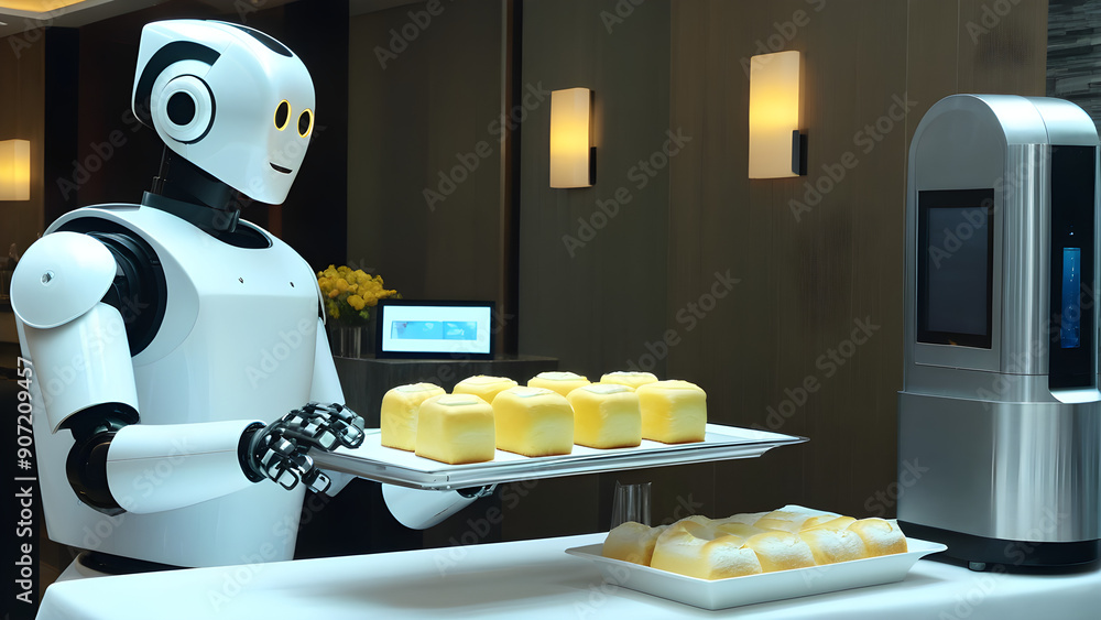 Humanoid robot serving foods and water at fancy restaurant, server ...