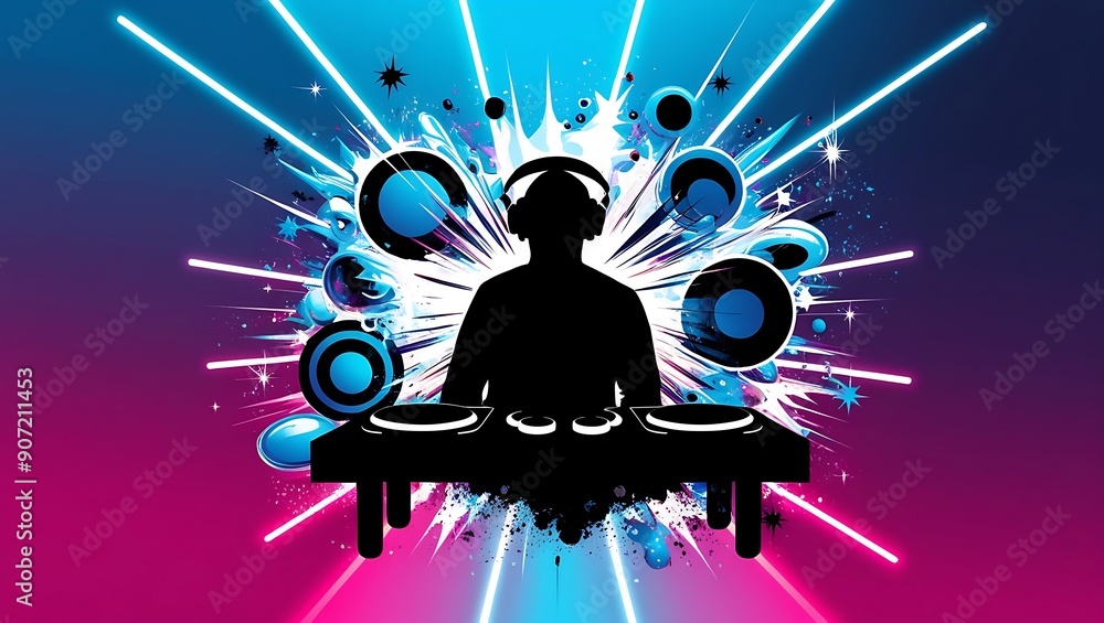 DJ playing music outdoors with headphones and turntables, amidst palm ...