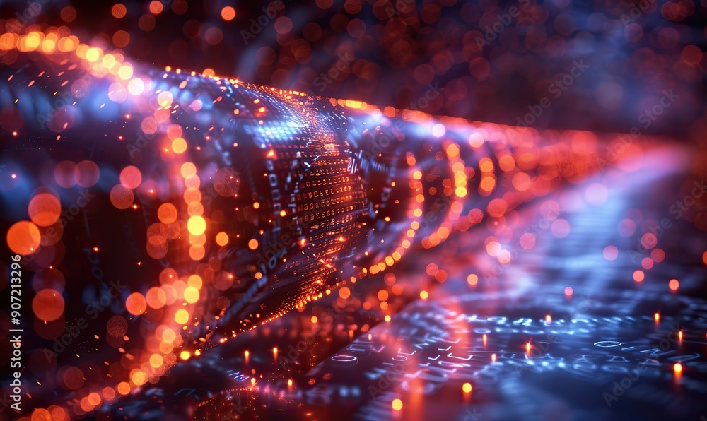 An abstract image of virtual cables with glowing data streams ...