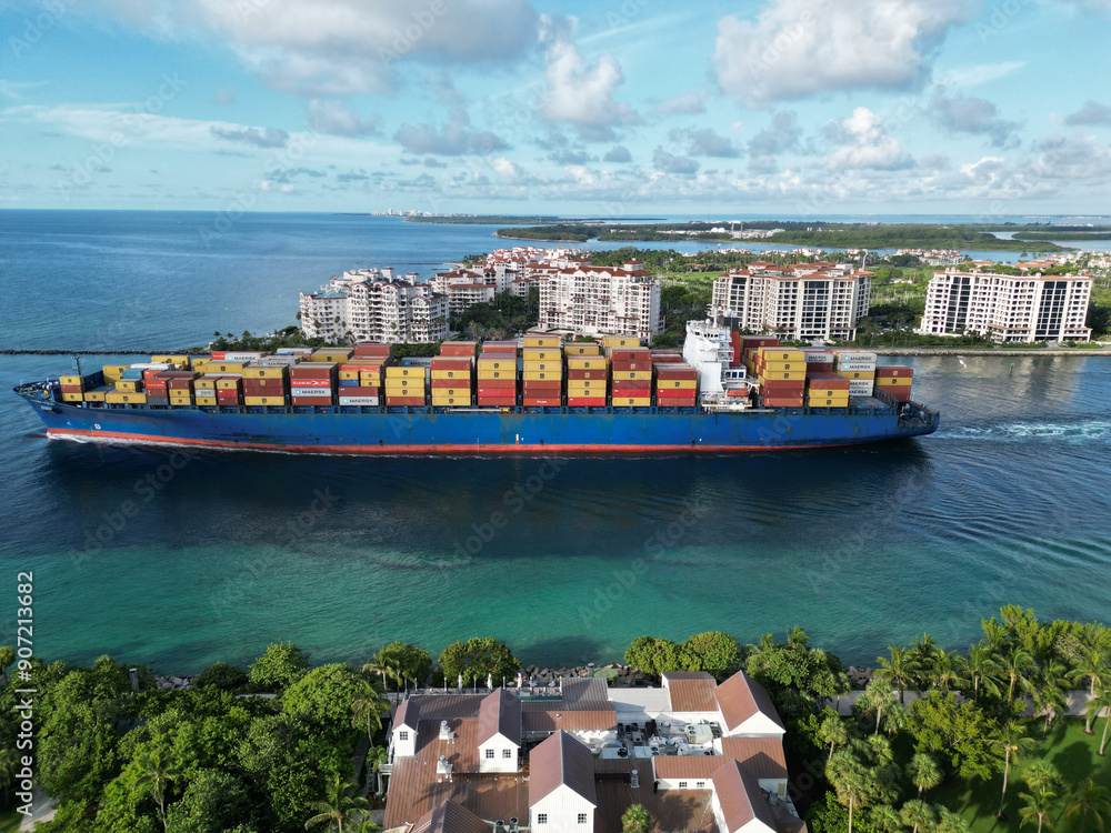 Miami, Florida, USA - June 07, 2024: Cargo ship barge in Miami Biscayne ...
