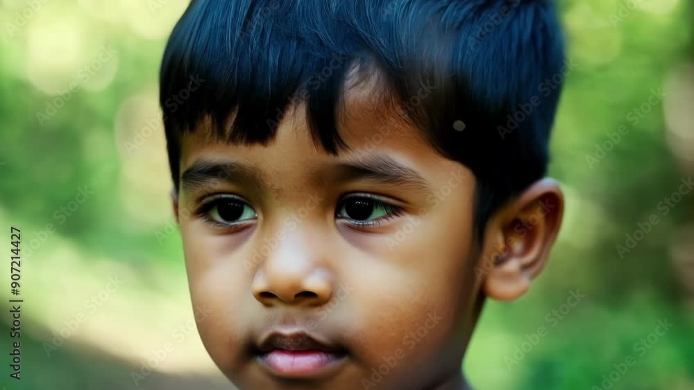 A young boy of Asian descent stares curiously into the camera his eyes ...