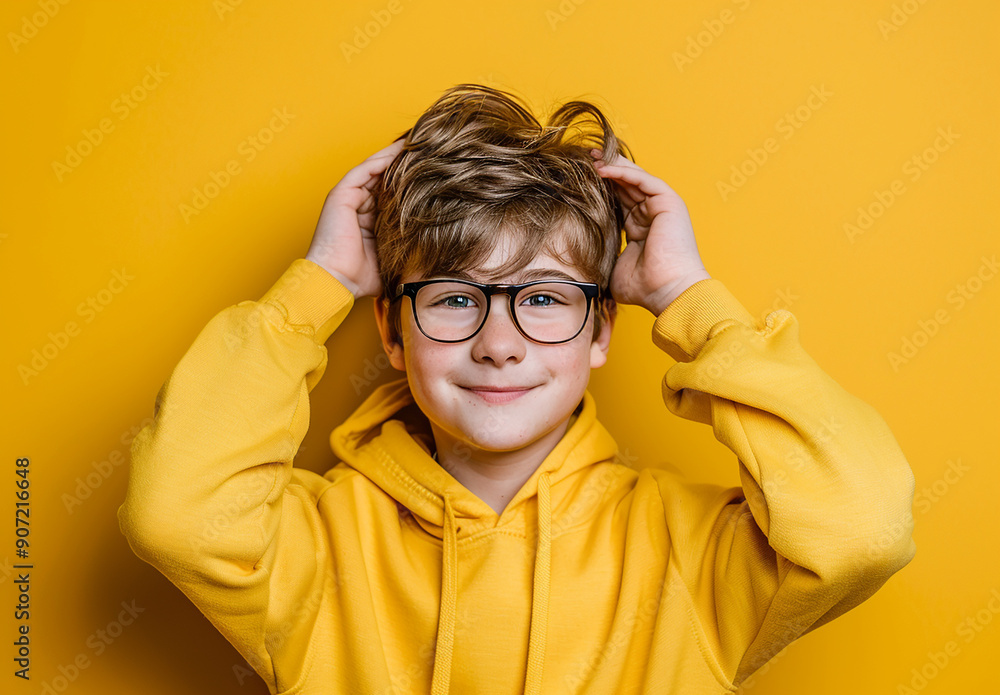 Portrait of a little curly boy in glasses on a bright green background ...