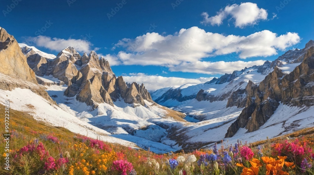 Valley with Snow-Capped Cliffs: A majestic valley between two snow ...