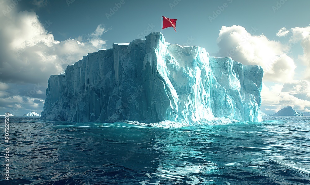 Iceberg floating in ocean waves with a red flag planted on top ...