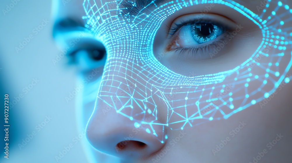 Digital Face Mapping, a close-up of a human face overlaid with glowing ...