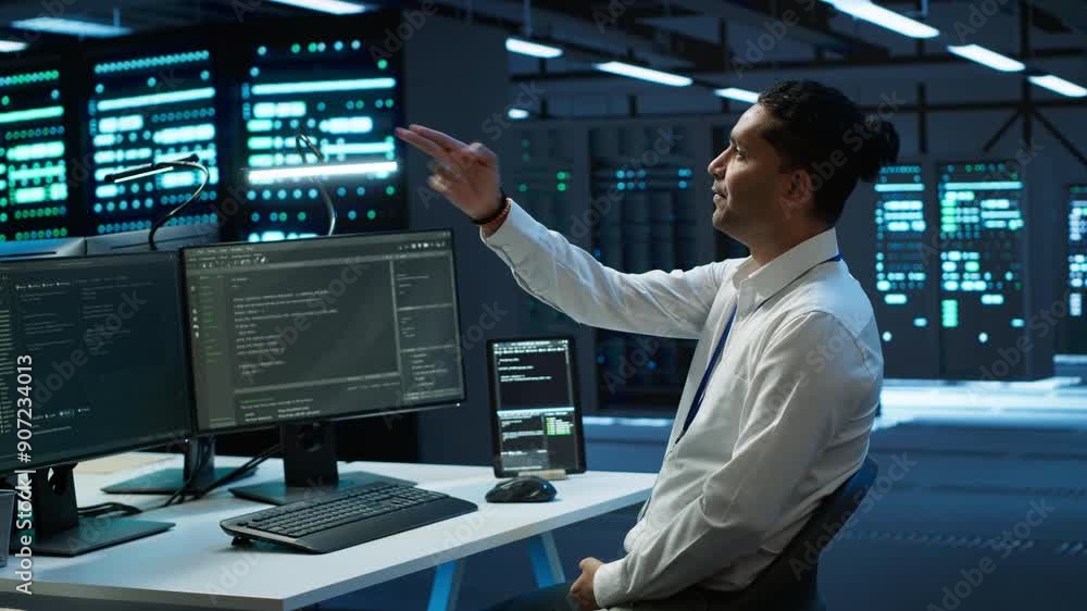 Admin in data center using augmented reality technology to ensure system can handle networking ...