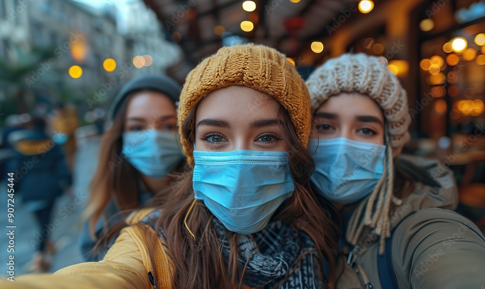Friends wearing face masks are taking a selfie with a smartphone at a ...