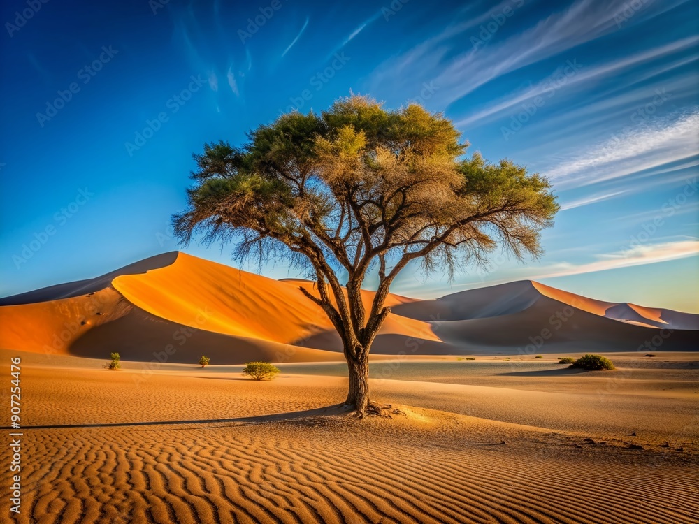 Isolated acacia tree stands tall amidst vast, arid expanse of Namib ...