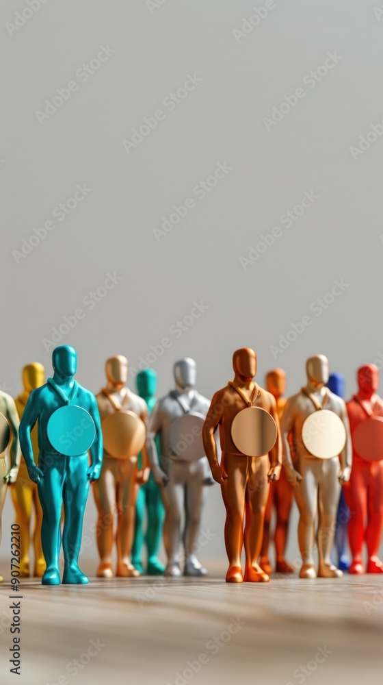 A group of people are standing in a line, each wearing a different ...