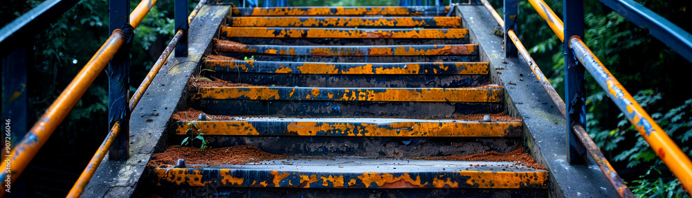 Rusty metal stairs leading into a lush green environment, showcasing ...