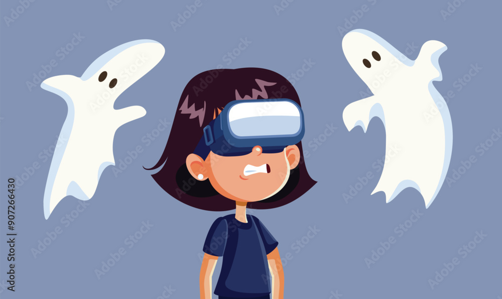 Poster Scared Girl Wearing VR Glasses Seeing Ghosts Vector Cartoon ...