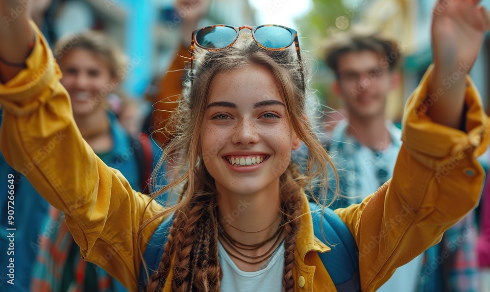 Millennial friends with their hands up, joyfully looking at the camera ...