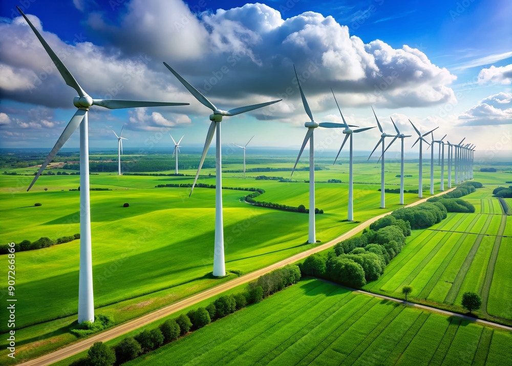 Rows of towering wind turbines rotate lazily in a green landscape ...
