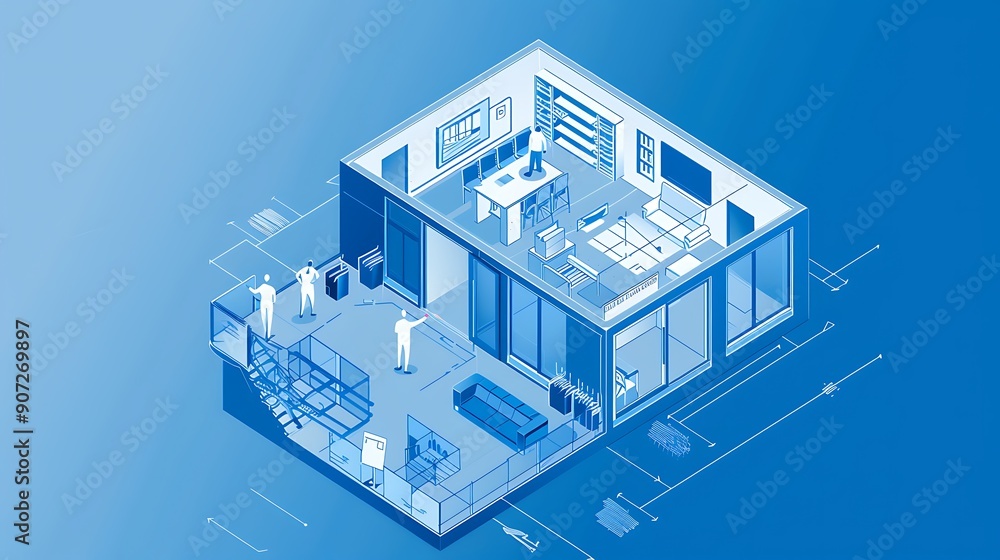 Blueprint of a building permit inspection process in an isometric ...
