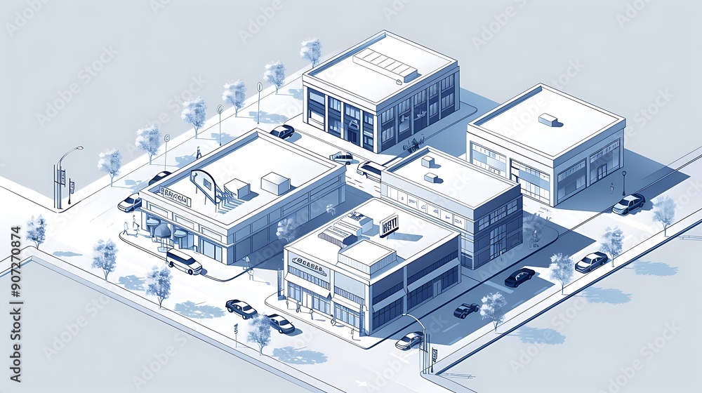 Isometric blueprint of a commercial district with zoning guidelines for ...