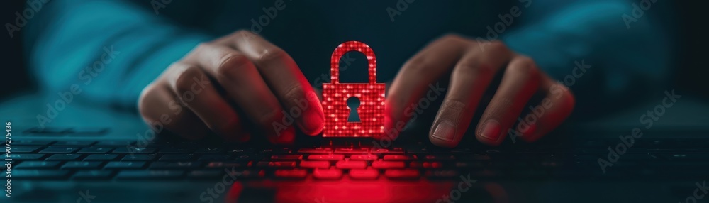 A Person Using A Keyboard With A Glowing Red Padlock Symbolizing Cybersecurity And Data