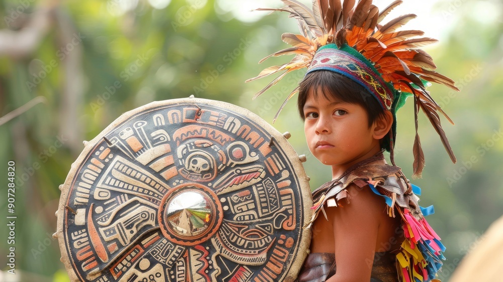 Young Mexican Boy Wearing Authentic Aztec Warrior Costume Holding ...