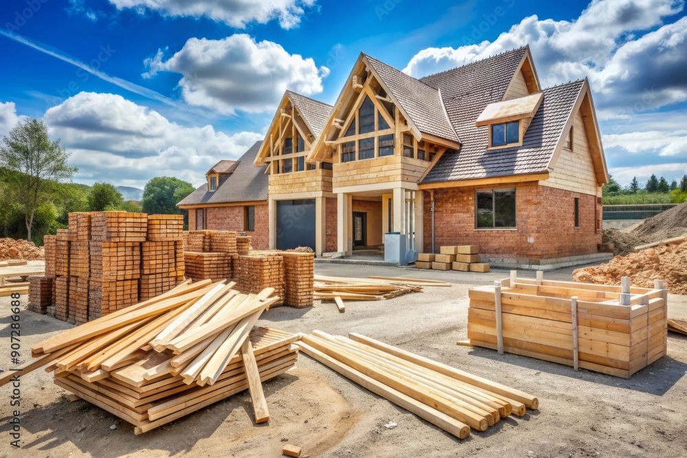 Construction site of new home with wooden frames, bundles of roofing ...