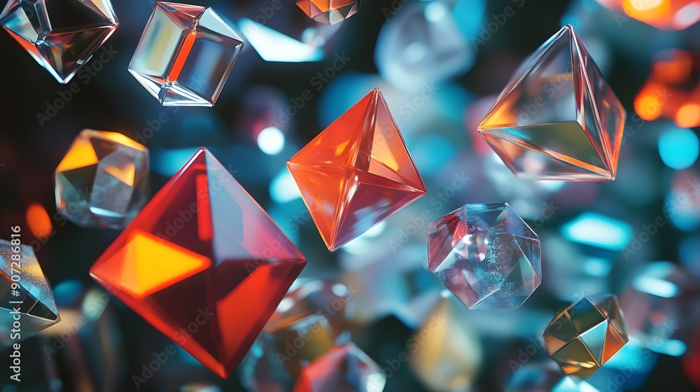 Holographic 3D shapes in various geometric forms, floating and rotating ...