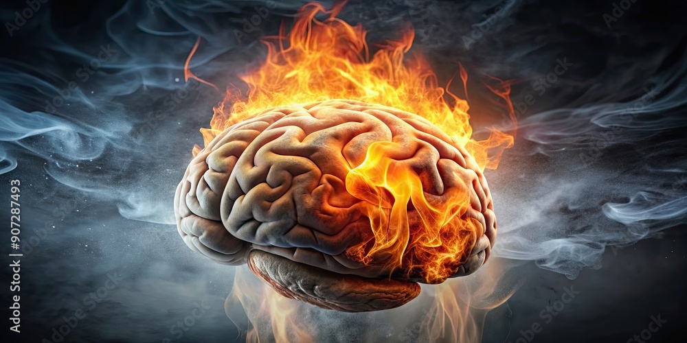 Burning brain symbolizing stress and intense thoughts surrounded by ...