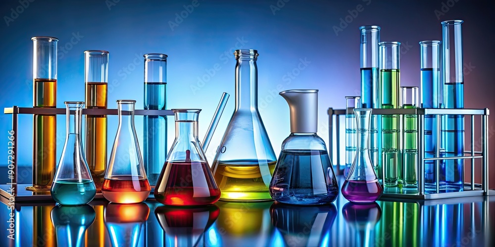 Chemistry lab glassware featuring Erlenmeyer flasks, test tubes, and ...