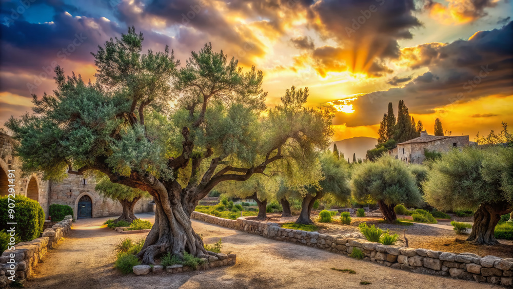 Olive Trees Stand Tall In The Tranquil Garden Of Gethsemane At Sunset