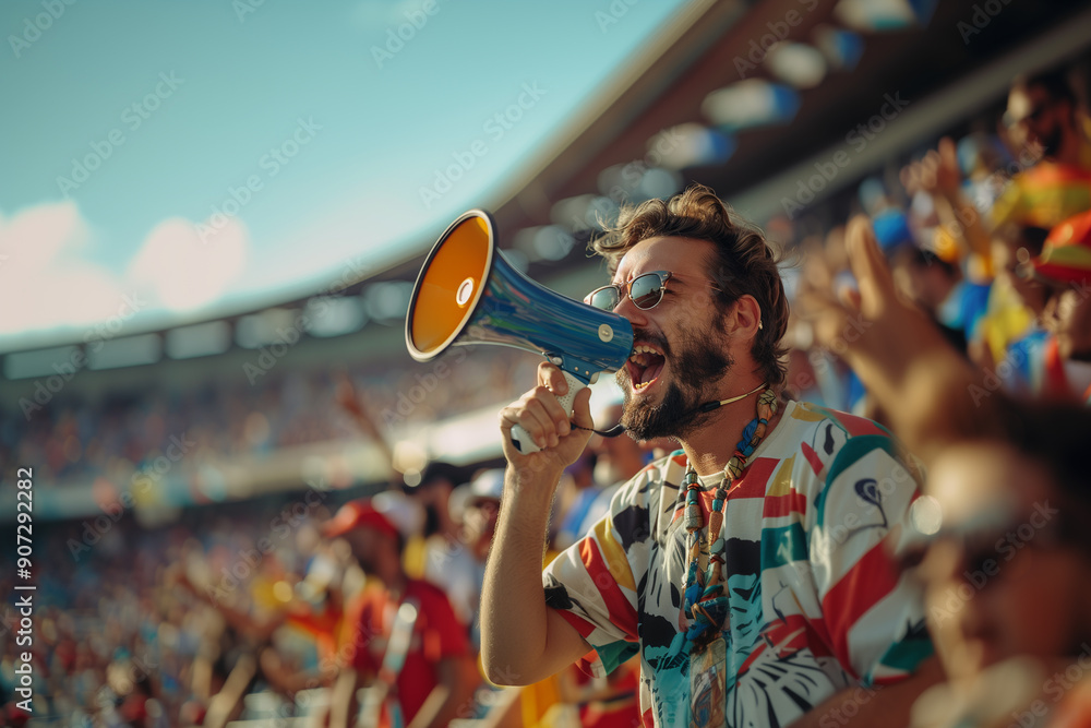 Excited sports fans screaming during a game at the stadium. Stock Photo ...