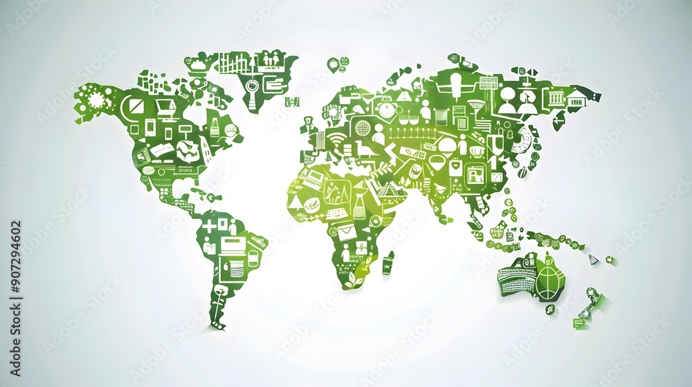 Ecological World Map with Environmental Icons for Sustainable Earth ...