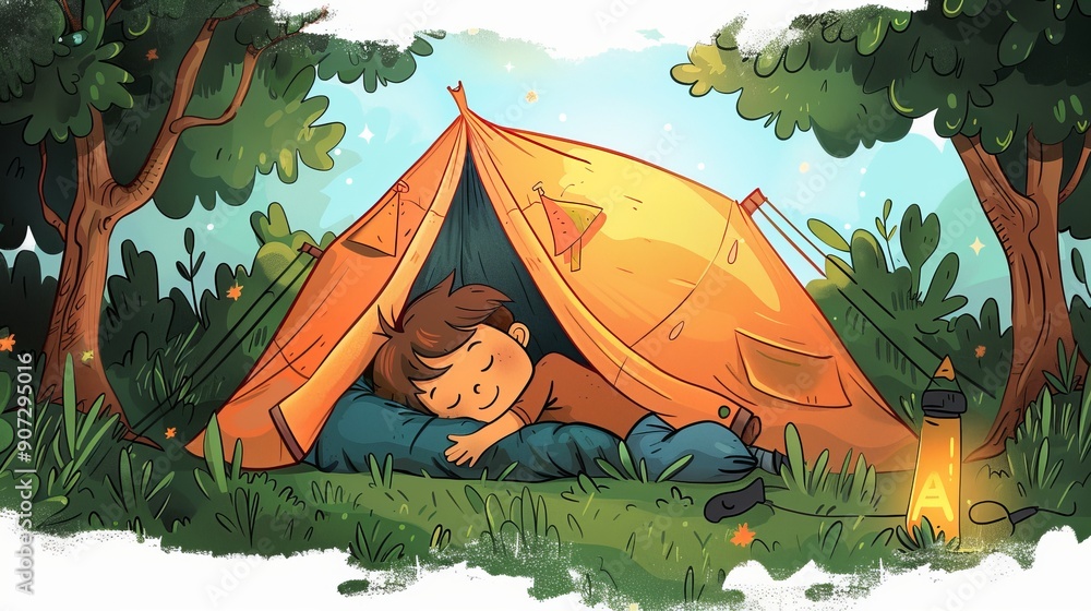 Cartoon vector camper sleeping in a cozy sleeping bag inside a tent ...