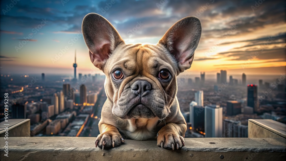 Adorable French Bulldog with wrinkled skin and bat ears gazes curiously ...