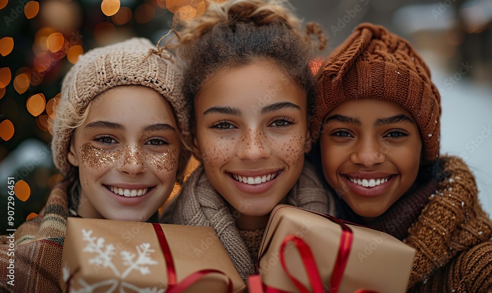 Multiracial girls celebrate Christmas and the New Year by showcasing ...