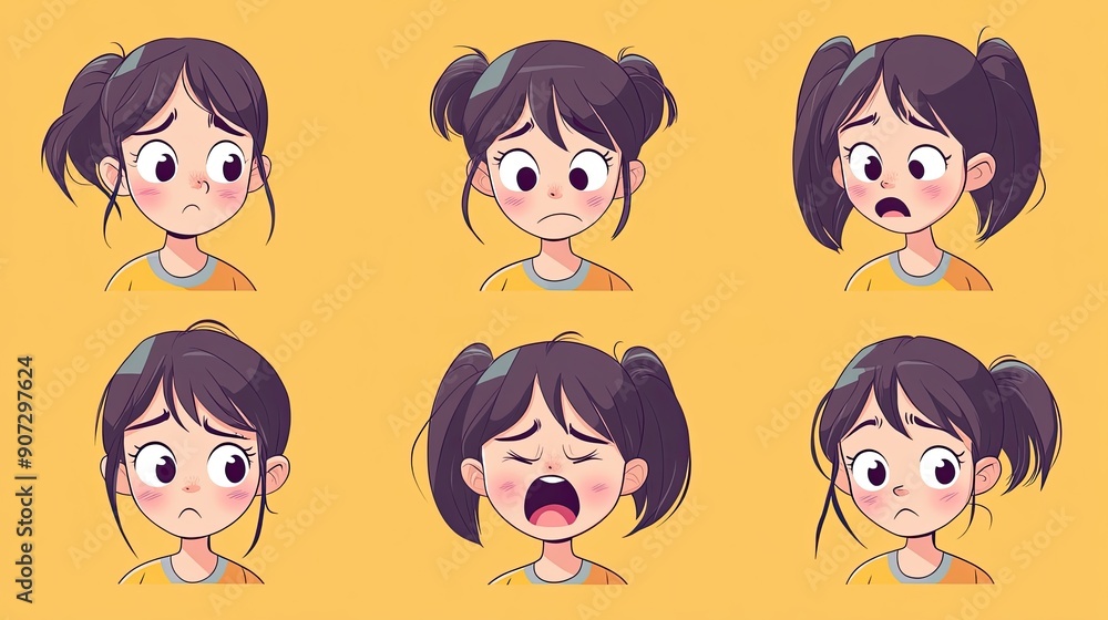 Cartoon girl showcasing a range of emotions on a single color ...