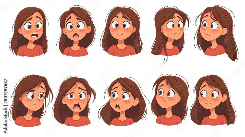 Cartoon girl showcasing a range of emotions on a single color ...