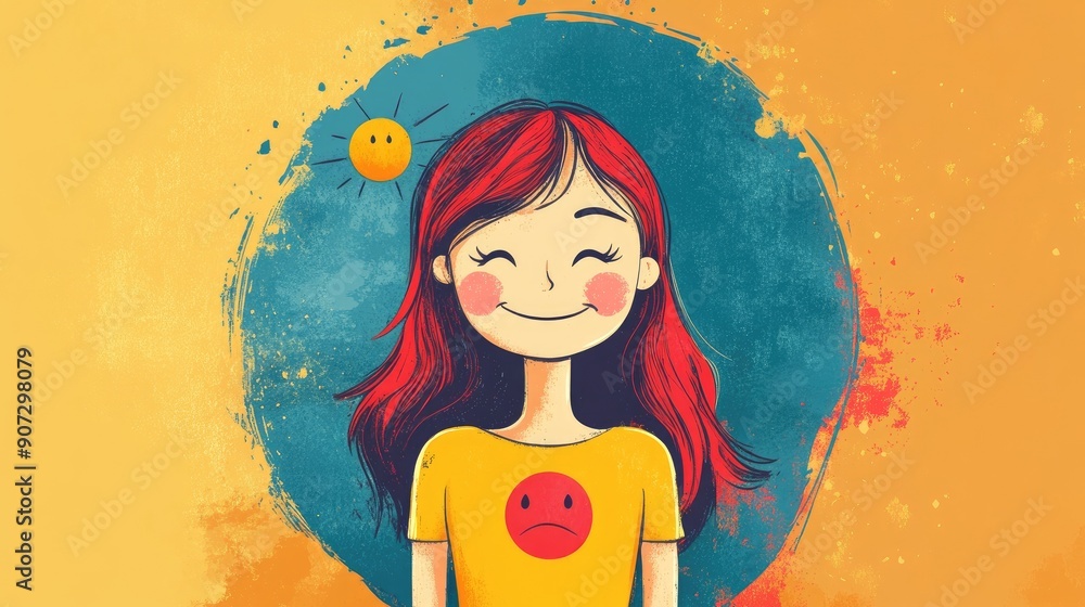 Cartoon girl with a happy smiley face and a sad face on a solid color ...