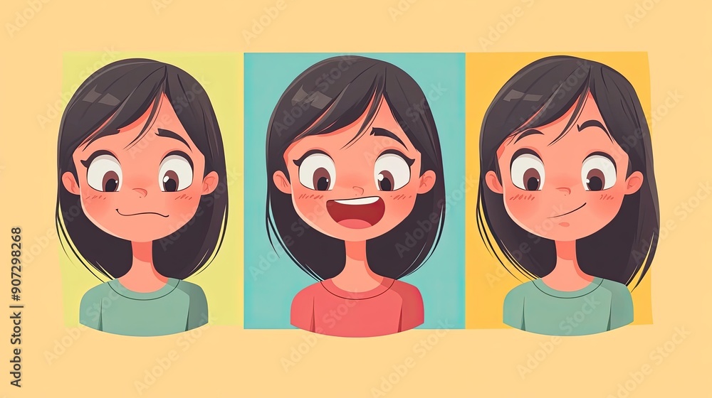 Cartoon girl with distinct happy and sad expressions against a solid ...