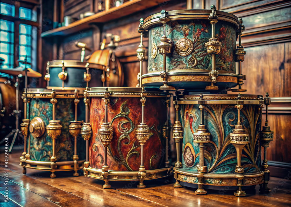 Retro-styled isolated traditional drums with ornate carvings, worn ...