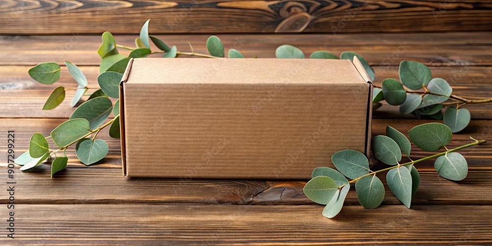 Brown corrugated cardboard mailer box with eucalyptus leaves on a ...