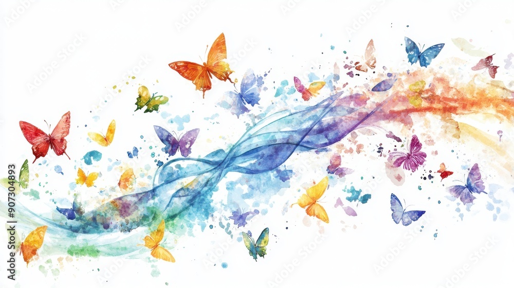A vibrant watercolor representation of butterflies in various colors ...