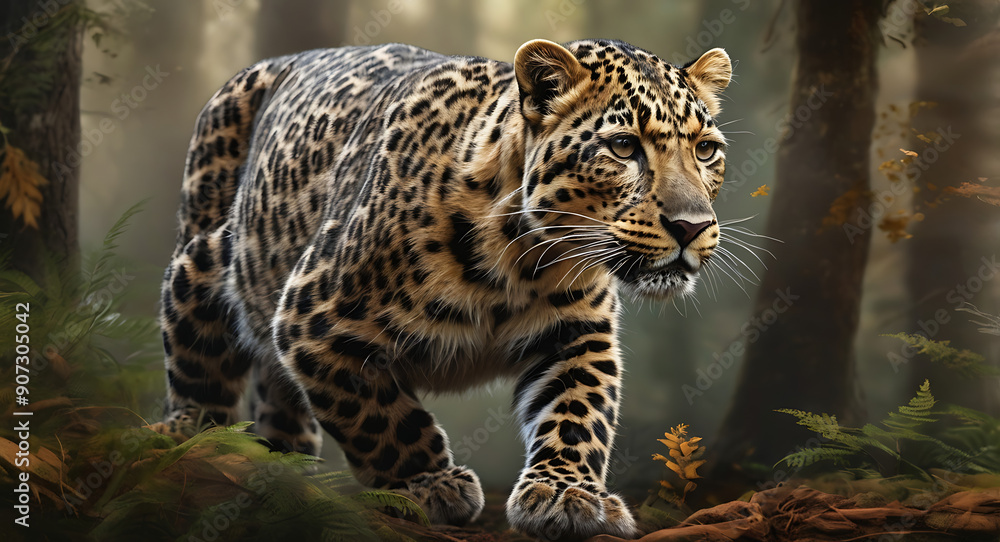 Artistic rendering of an Amur leopard prowling through a temperate ...