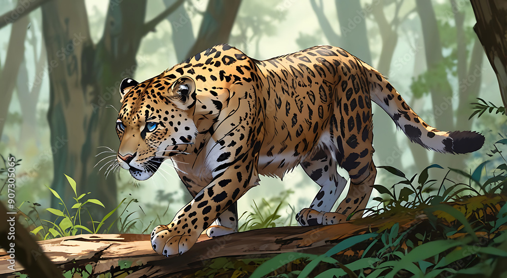 Artistic rendering of an Amur leopard prowling through a temperate ...