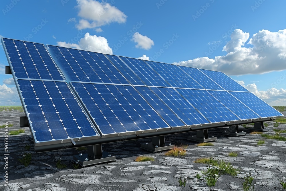 Eco friendly solar panel array on metal racks for green energy ...