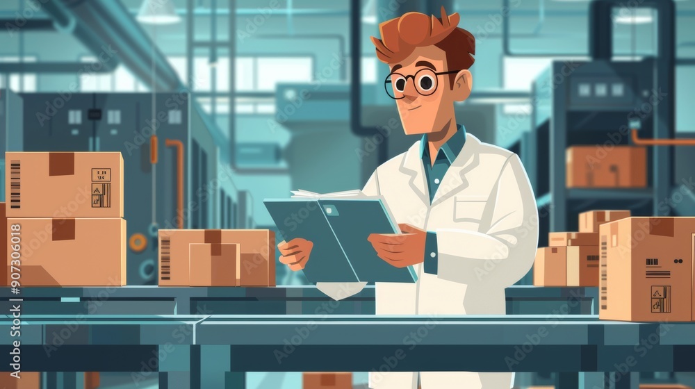 Cartoon vector supervisor inspecting quality control in a manufacturing ...